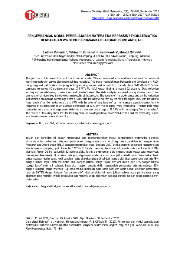 (PDF) Pengembangan Modul Pembelajaran Matematika Berbasis Etnomatematika Berbantuan Wingeom ...