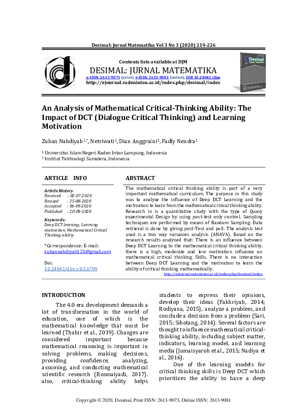 (PDF) An Analysis of Mathematical Critical-Thinking Ability: The Impact ...