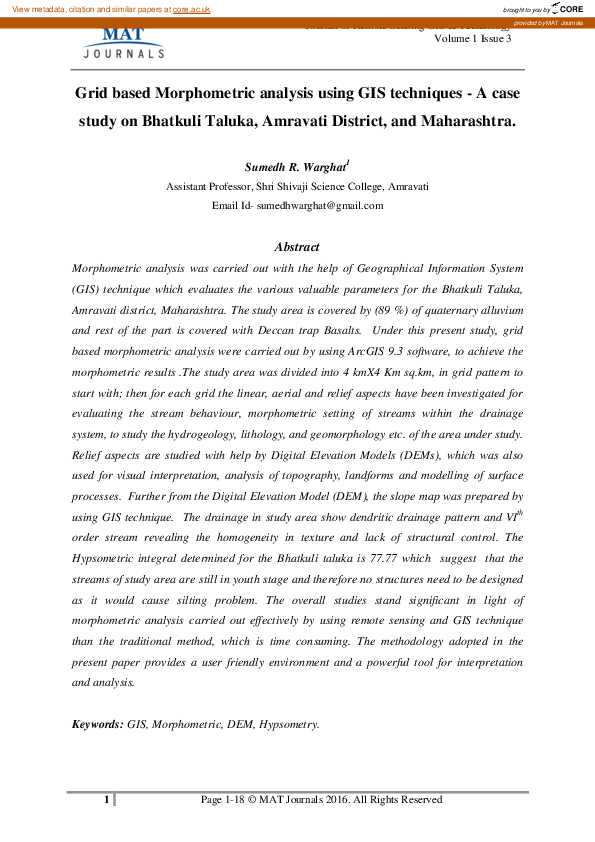 (PDF) Grid based Morphometric analysis using GIS techniques - A case study on Bhatkuli Taluka ...