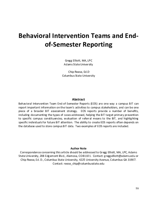 (PDF) Behavioral Intervention Teams and End- of-Semester Reporting