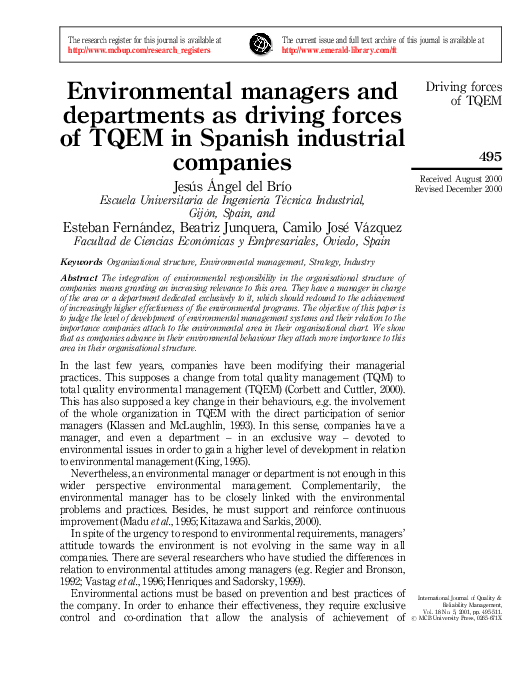 (PDF) Environmental managers and departments as driving forces of TQEM ...