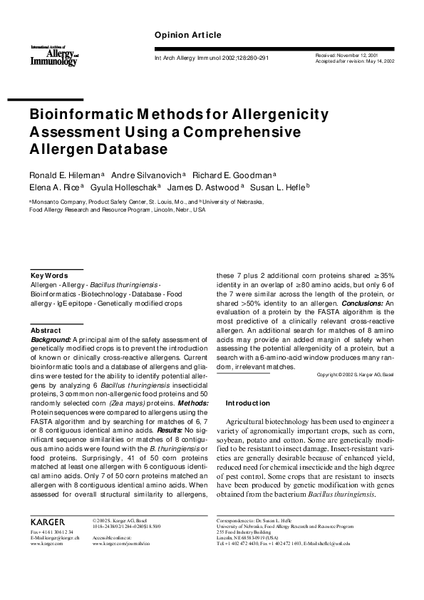 Pdf Bioinformatic Methods For Allergenicity Assessment Using A Comprehensive Allergen Database
