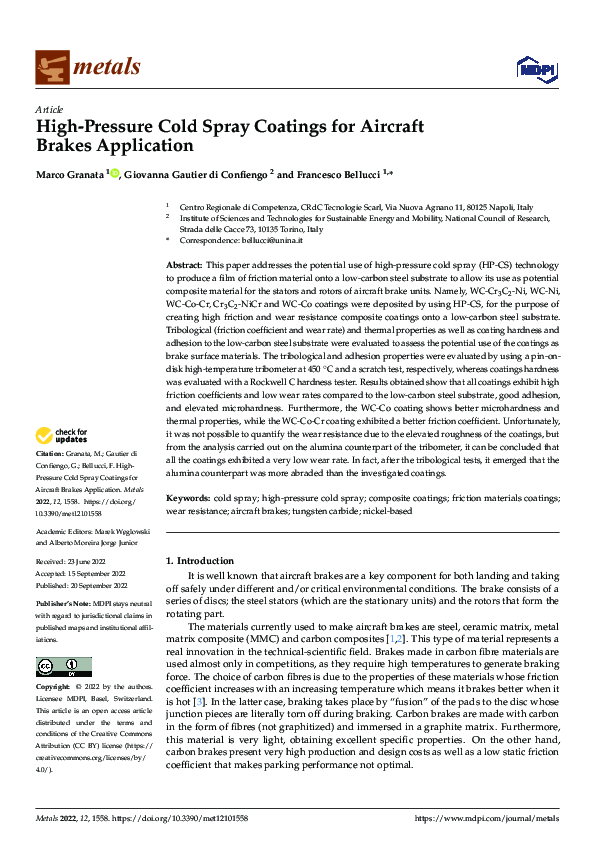 (PDF) High-Pressure Cold Spray Coatings for Aircraft Brakes Application