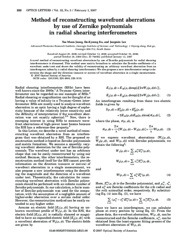 (PDF) Method of reconstructing wavefront aberrations by use of Zernike polynomials in radial ...