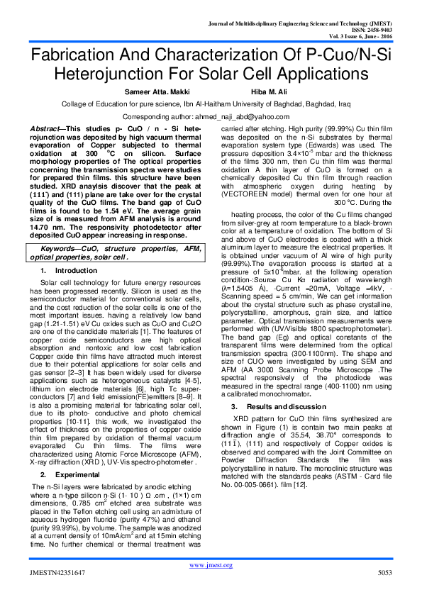 Pdf Fabrication And Characterization Of P Cuo N Si Heterojunction For Solar Cell Applications