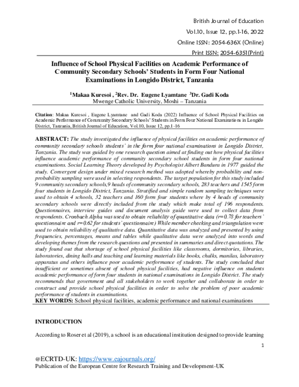 (PDF) Influence of School Physical Facilities on Academic Performance of Community Secondary ...