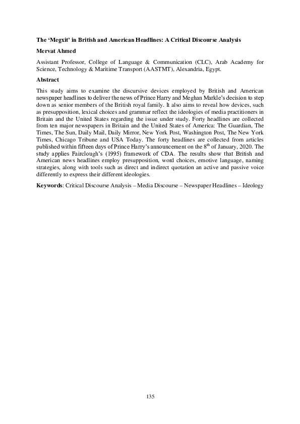 (PDF) The ‘Megxit’ in British and American Headlines: A Critical ...