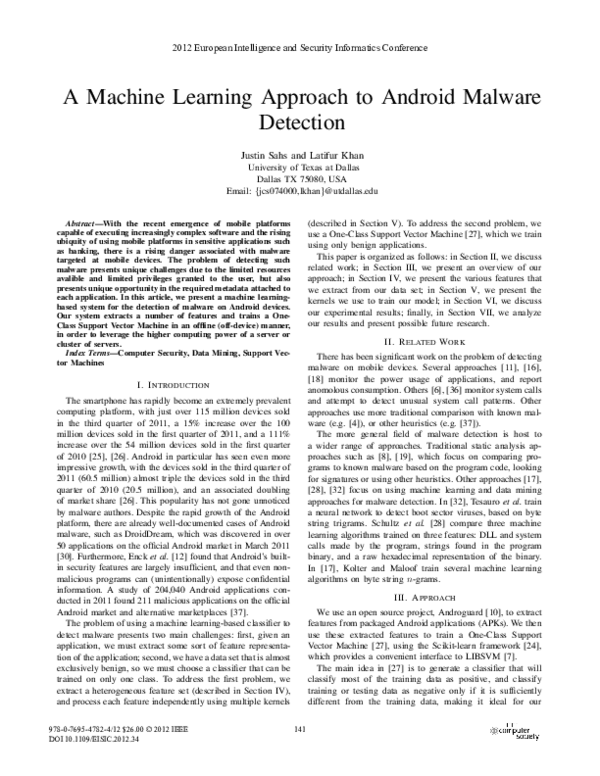 Pdf A Machine Learning Approach To Android Malware Detection