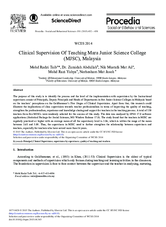 (PDF) Clinical Supervision of Teaching Mara Junior Science College (MJSC), Malaysia