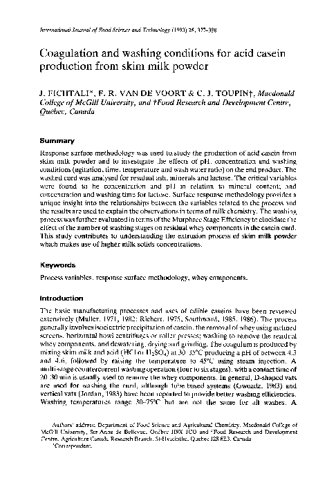 (PDF) Coagulation and washing conditions for acid casein production ...