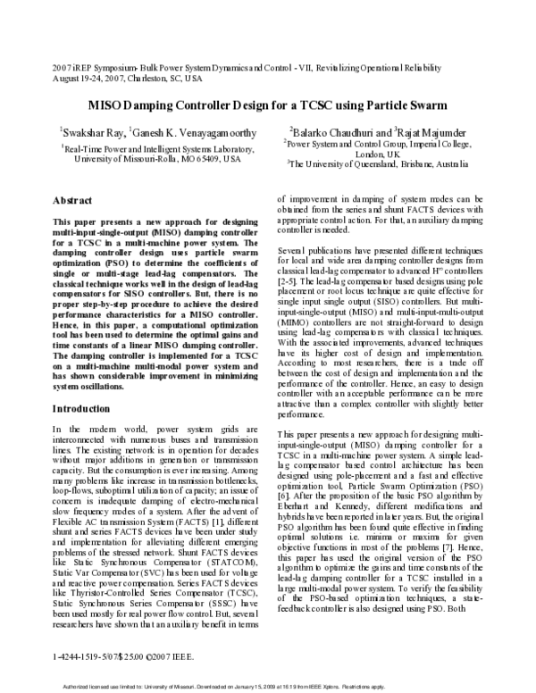 Pdf Miso Damping Controller Design For A Tcsc Using Particle Swarm Swakshar Ray