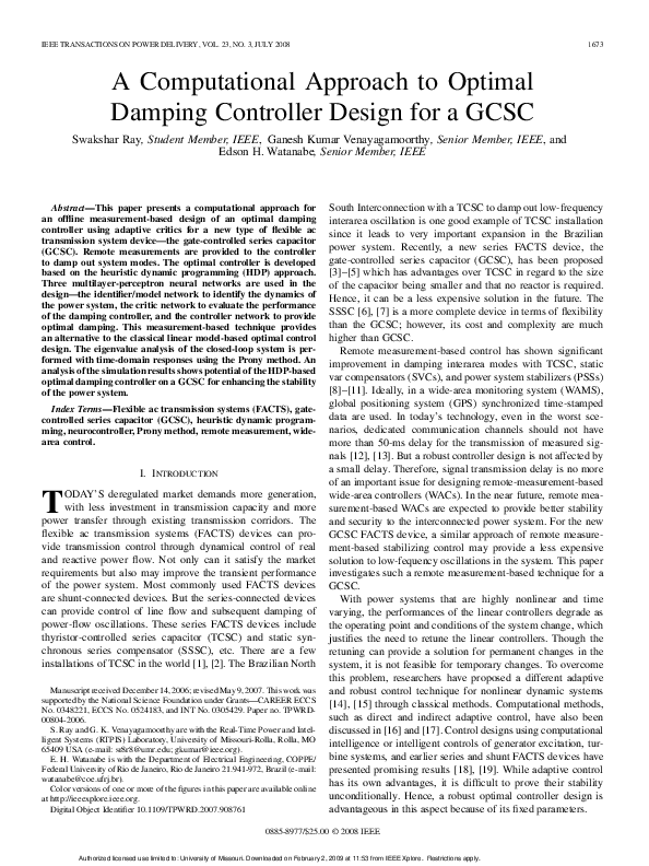 (PDF) A Computational Approach to Optimal Damping Controller Design for a GCSC