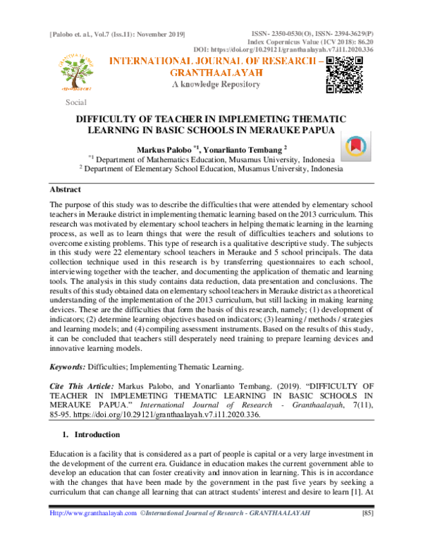 (PDF) Difficulty of Teacher in Implemeting Thematic Learning in Basic ...