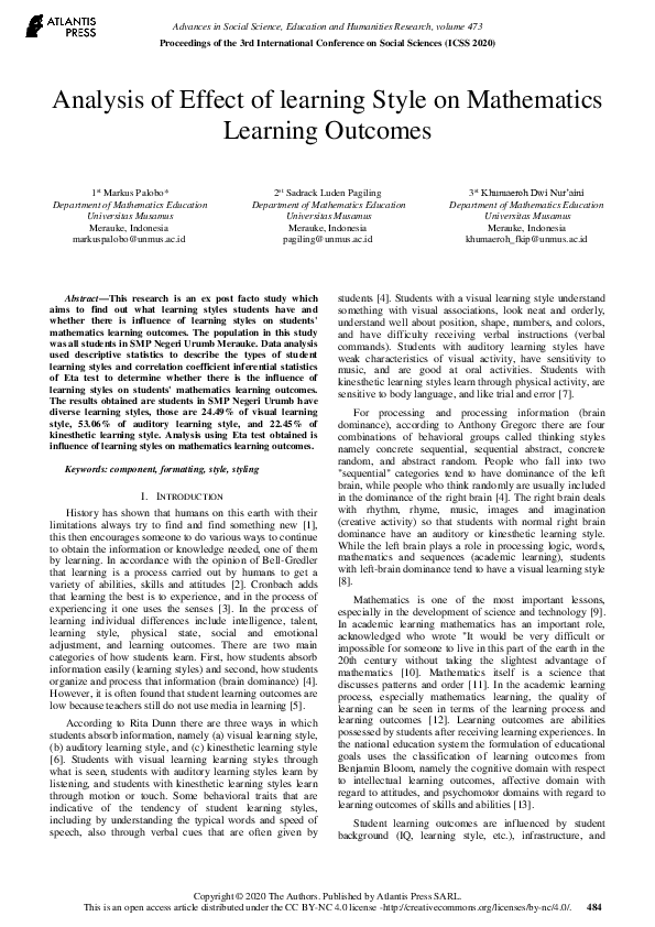 (PDF) Analysis of Effect of learning Style on Mathematics Learning Outcomes