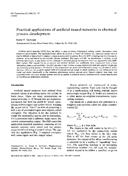 (PDF) Practical applications of artificial neural networks in chemical process development