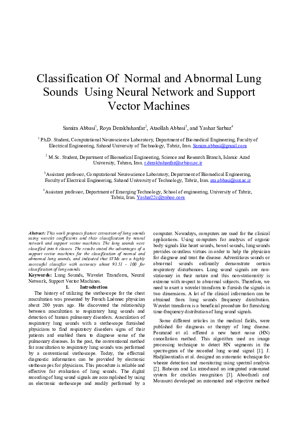 (PDF) Classification of normal and abnormal lung sounds using neural network and support vector ...