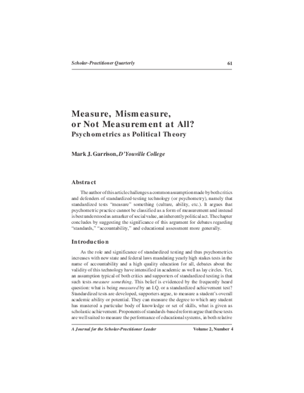 (PDF) Measure, Mismeasure, or Not Measurement at All?: Psychometrics as ...