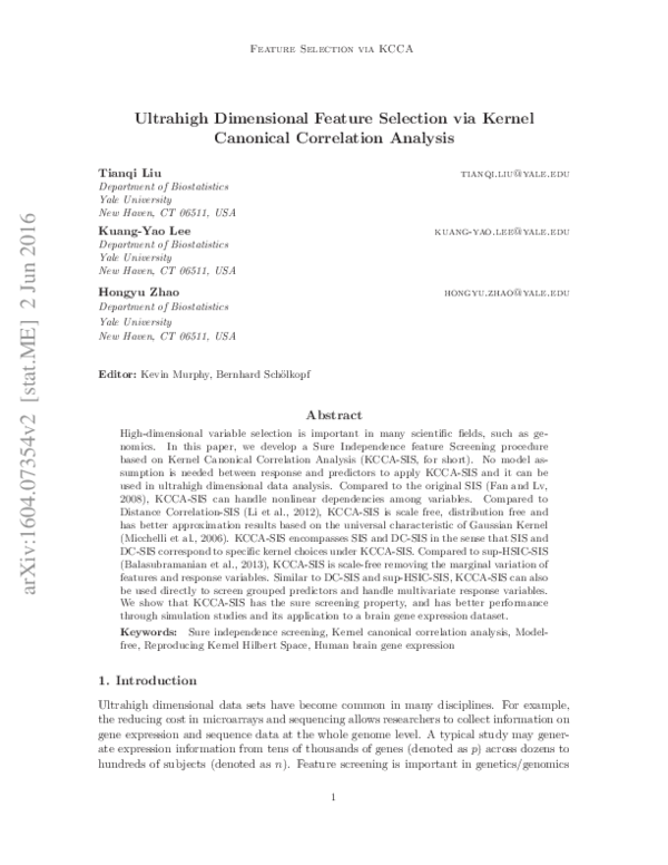 (PDF) Ultrahigh Dimensional Feature Selection via Kernel Canonical Correlation Analysis