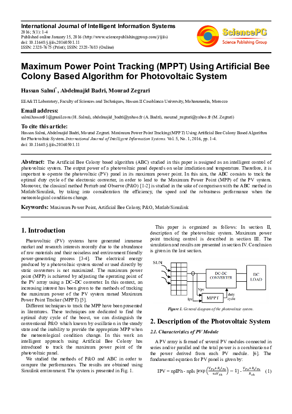 Pdf Maximum Power Point Tracking Mppt Using Artificial Bee Colony Based Algorithm For