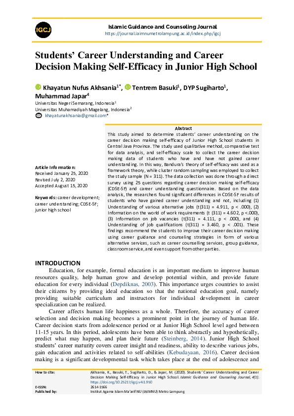 (PDF) Students’ Career Understanding and Career Decision Making Self ...