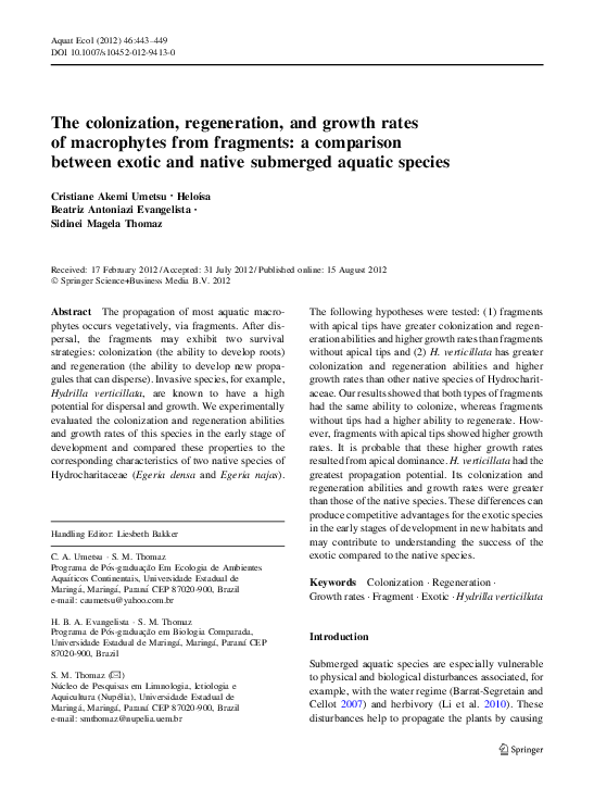 (PDF) The colonization, regeneration, and growth rates of macrophytes ...