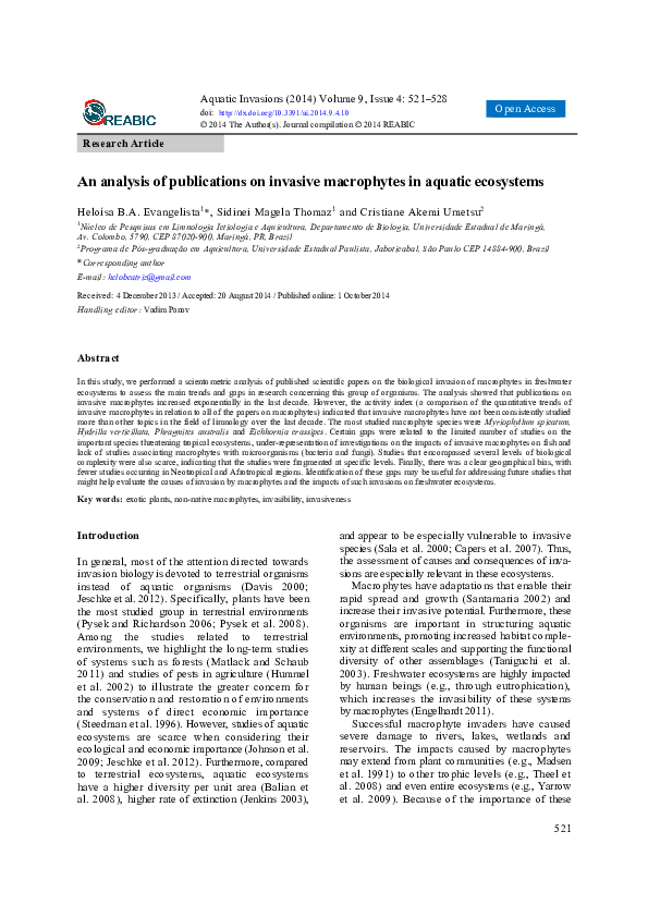 Pdf An Analysis Of Publications On Invasive Macrophytes In Aquatic