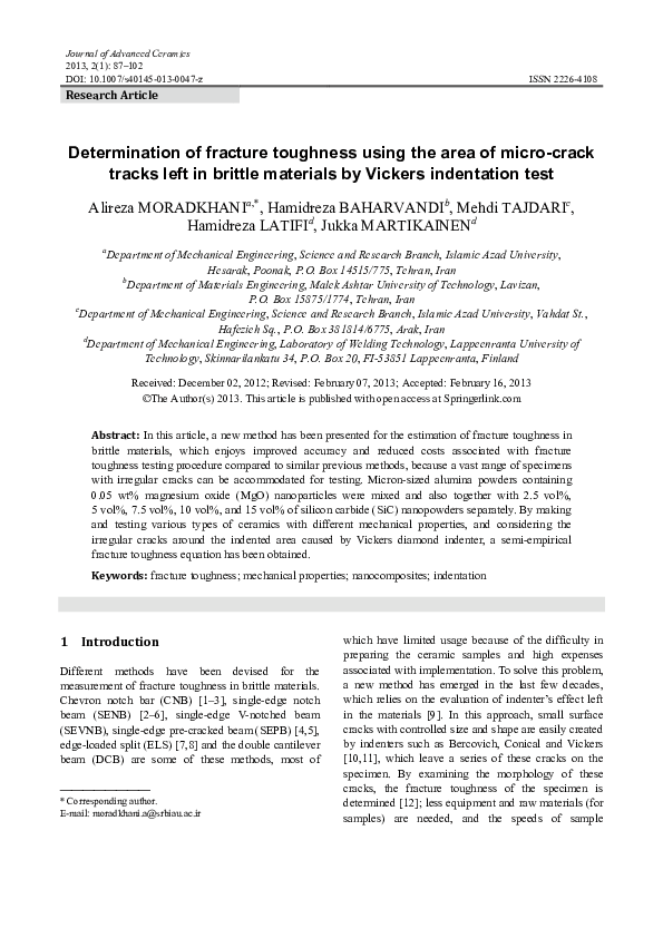 Pdf Determination Of Fracture Toughness Using The Area Of Micro Crack Tracks Left In Brittle