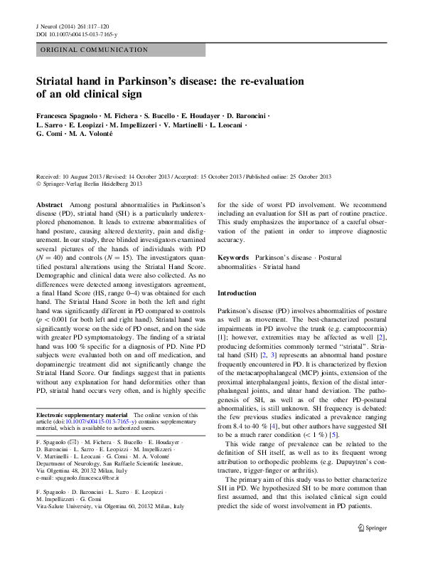 (PDF) Striatal hand in Parkinson’s disease: the re-evaluation of an old ...