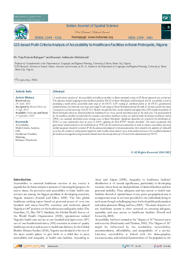 (PDF) GIS-based Multi-Criteria Analysis of Accessibility to Healthcare Facilities in Benin ...