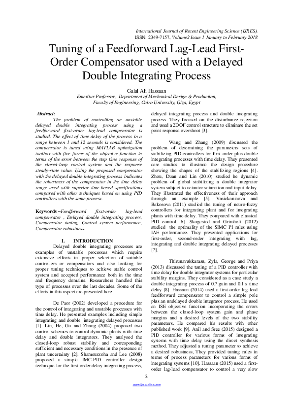 (PDF) Tuning of a Feedback Lag-Lead First-Order Compensator Used with a Delayed Double ...