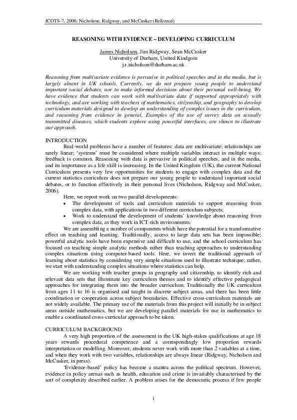 Pdf Reasoning With Evidence Developing Curriculum