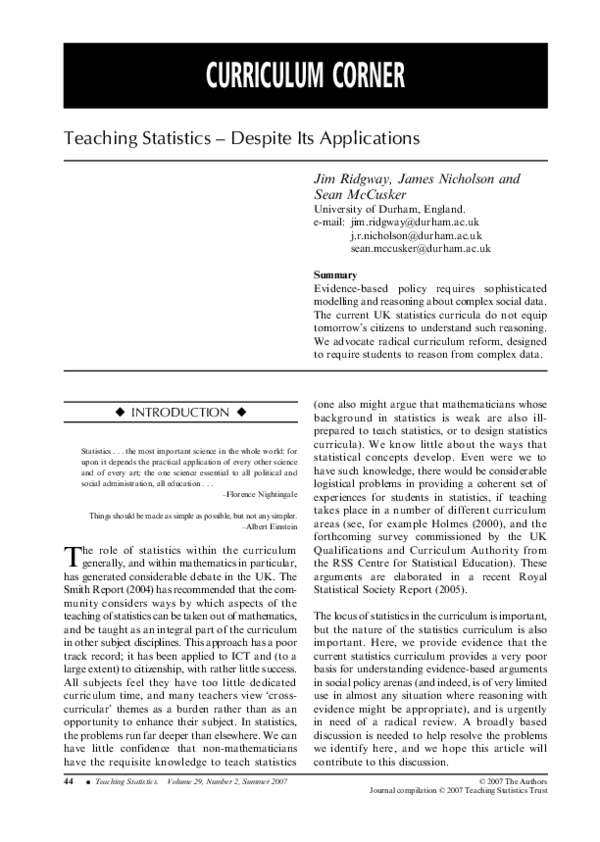 (PDF) Teaching Statistics ? Despite Its Applications | sean mccusker ...