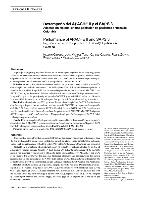 (PDF) Desempeño del APACHE II y el SAPS 3: Adaptación regional en una ...