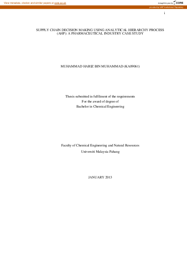 (PDF) Supply chain decision making using Analytical Hierarchy Process (AHP) : a pharmaceutical ...