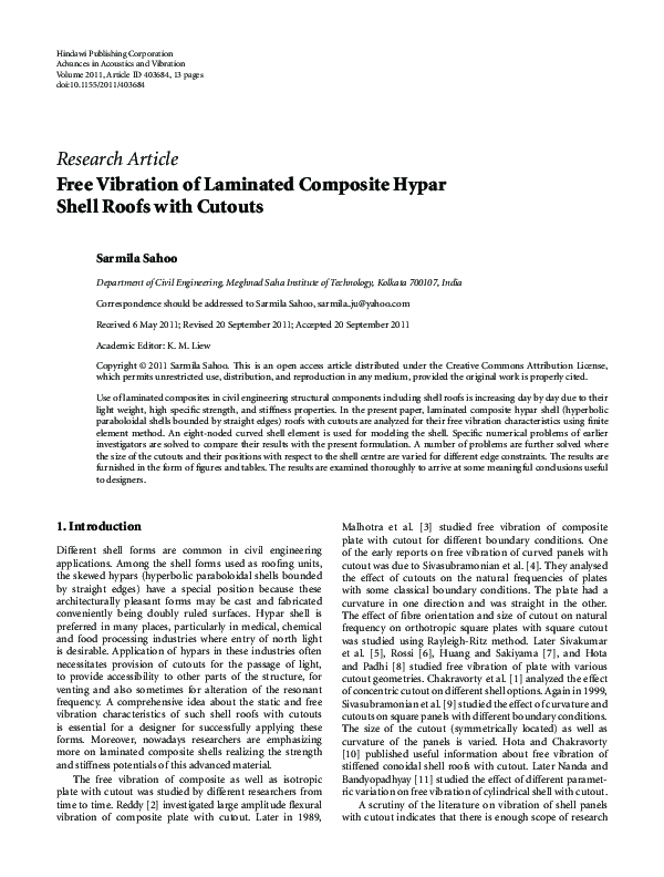 (PDF) Free Vibration of Laminated Composite Hypar Shell Roofs with Cutouts | sarmila sahoo ...