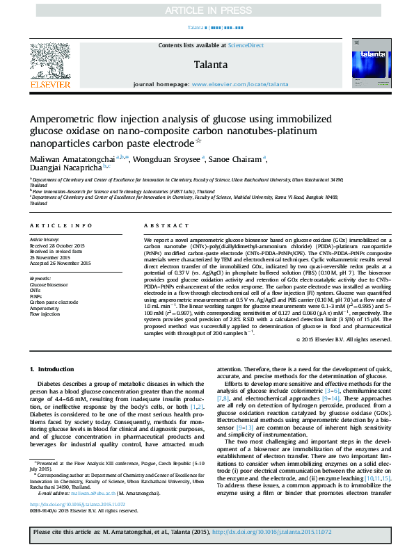 Pdf Amperometric Flow Injection Analysis Of Glucose Using Immobilized Glucose Oxidase On Nano
