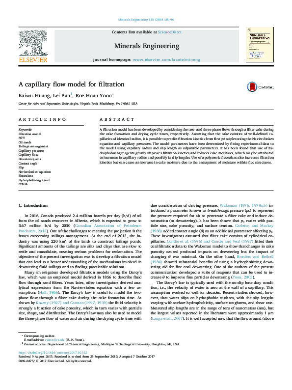 (PDF) A capillary flow model for filtration