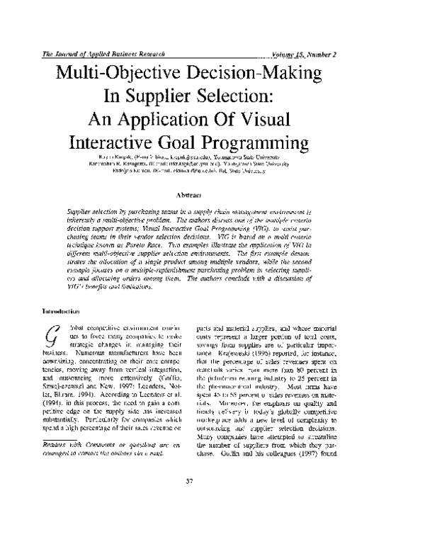 (PDF) Multi-Objective Decision-Making In Supplier Selection: An ...