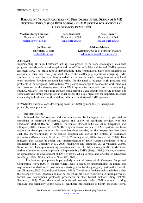 (PDF) Balancing Work Practices and Protocols in the Design of EMR Systems: The Case of ...