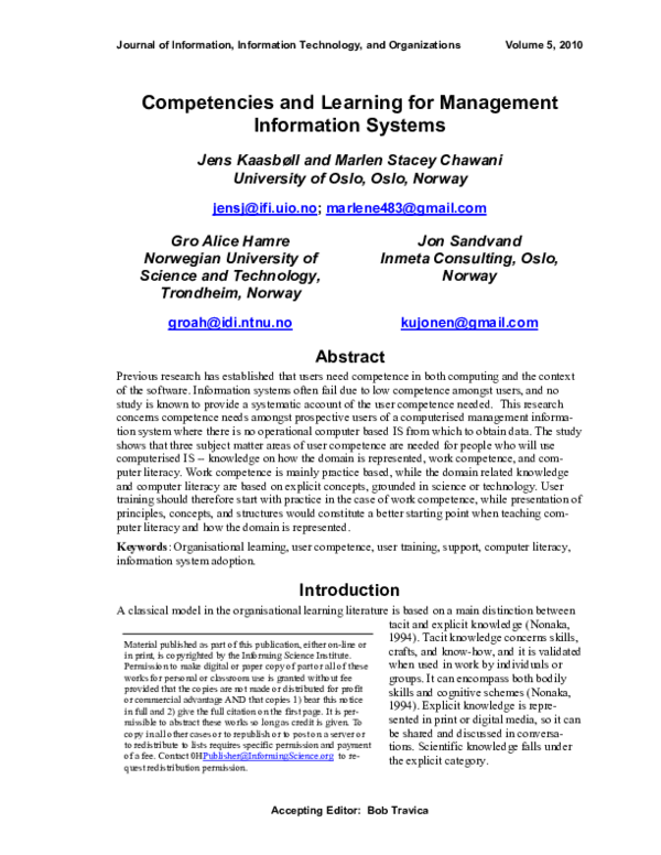 (PDF) Competencies and Learning for Management Information Systems