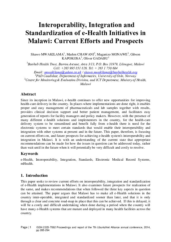 (PDF) Interoperability, Integration and Standardization of e-Health Initiatives in Malawi ...