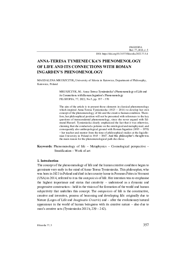 (PDF) Anna-Teresa Tymieniecka’s Phenomenology of Life and its ...