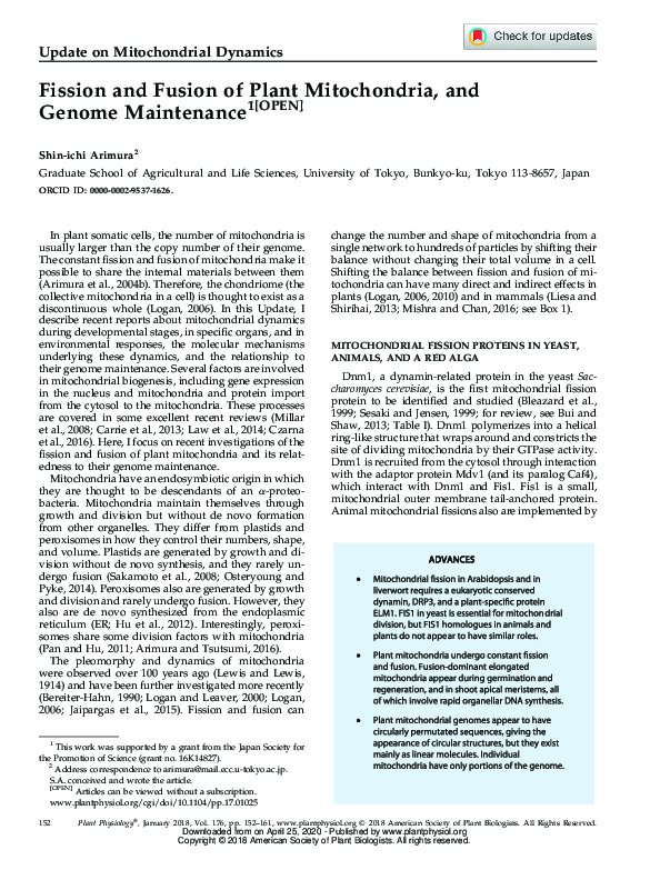 (PDF) Fission and Fusion of Plant Mitochondria, and Genome Maintenance | Shin-Ichi Arimura ...