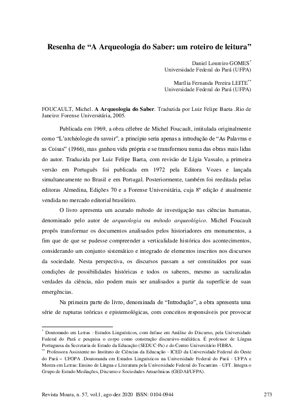 Pdf Resenha De “a Arqueologia Do Saber Um Roteiro De Leitura”