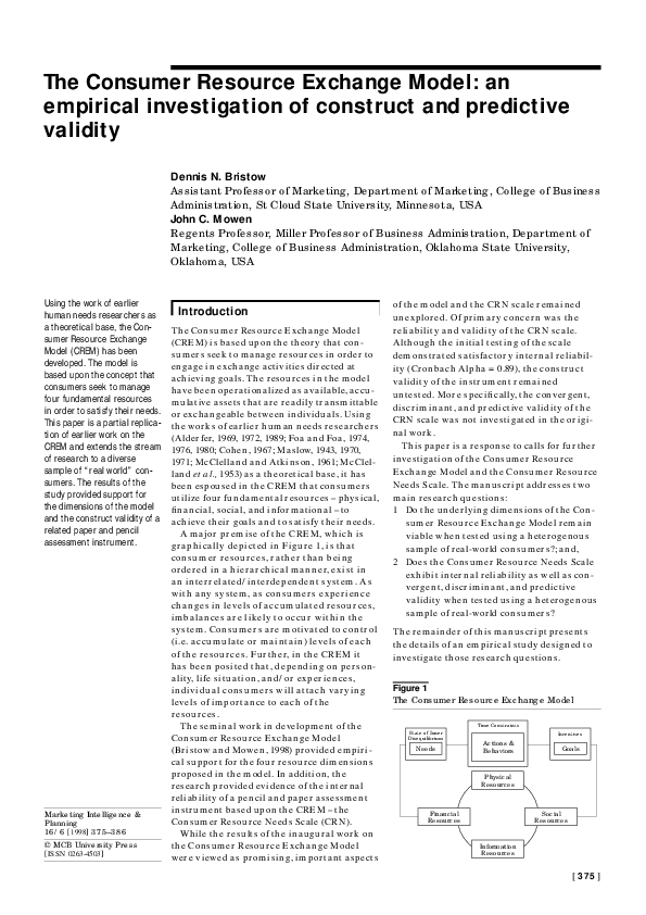 (PDF) Validating the Consumer Resource Exchange Model