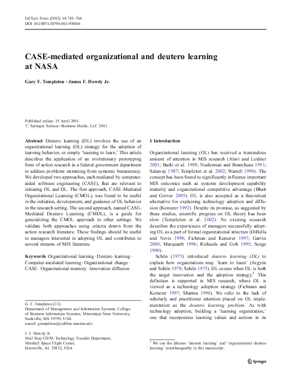 (PDF) CASE-mediated organizational and deutero learning at NASA