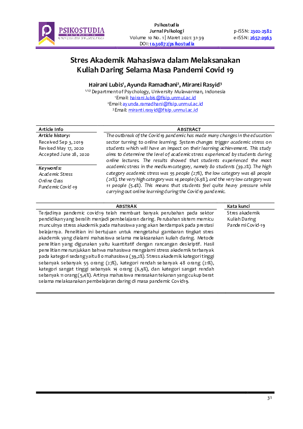 (PDF) Stres Akademik Mahasiswa dalam Melaksanakan Kuliah Daring Selama ...