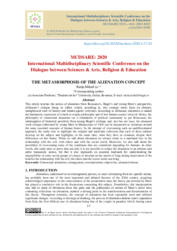 (PDF) The Metamorphosis of the Alienation Concept
