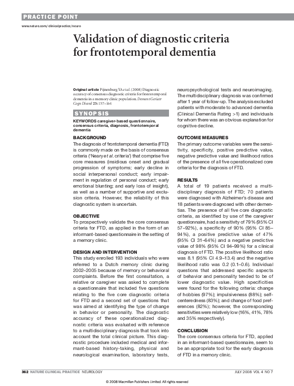 (PDF) Validation of diagnostic criteria for frontotemporal dementia