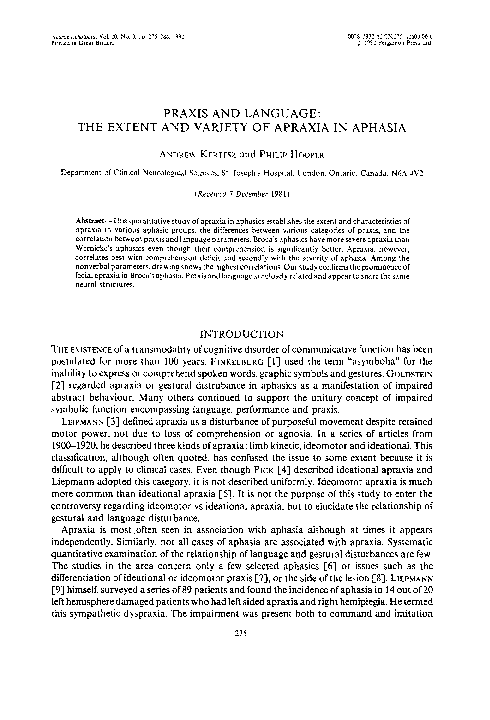 (PDF) Praxis and language: The extent and variety of apraxia in aphasia